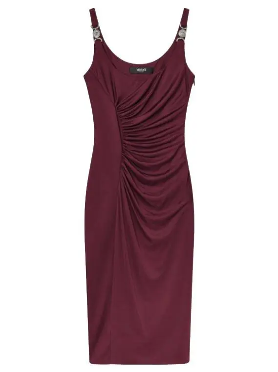 Versace Sleeveless Draped Midi Dress With Medusa '95 Hardware - Burgundy