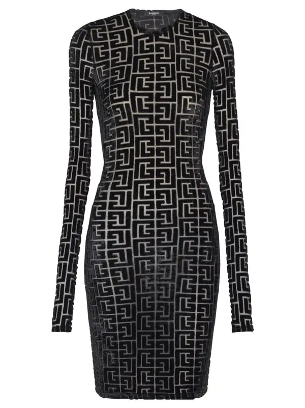Balmain Monogrammed Velvet Mini Dress - Black