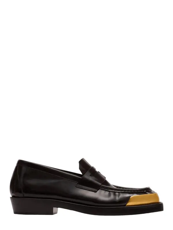 Balmain Square-toe Glazed Leather Loafers With Gold Cap Toe - Black
