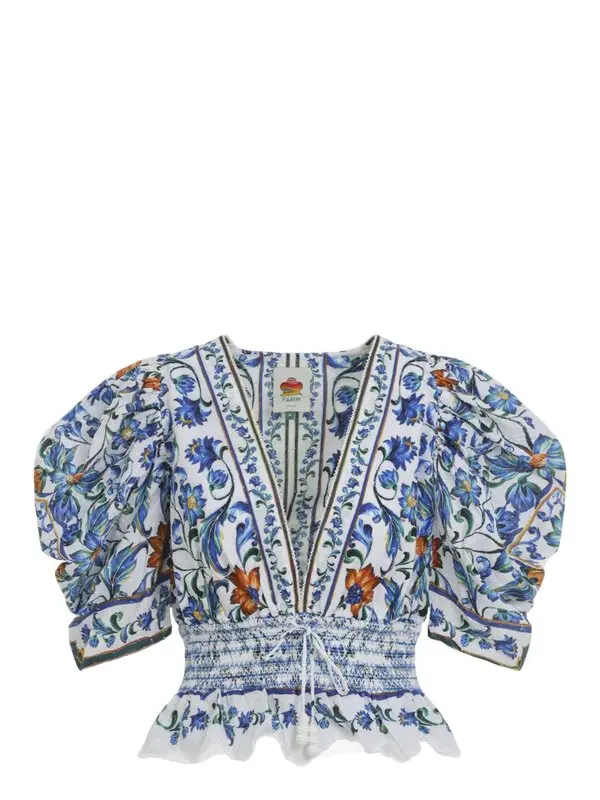 Farm Rio Smocked Puff-sleeve Top - Off White