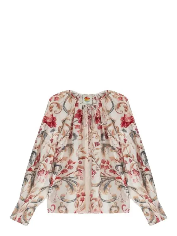 Farm Rio Printed Long Sleeve V-neck Tie Detailed Shirt - Nude