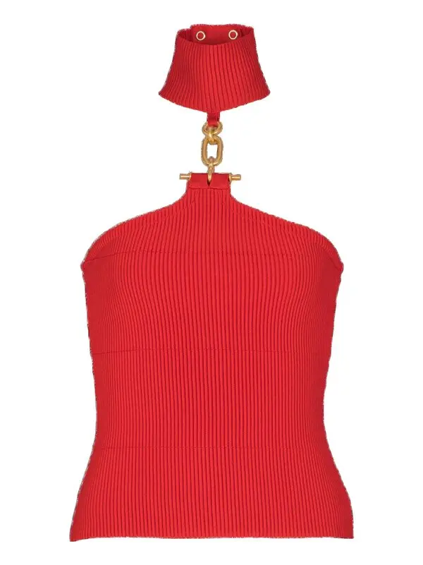 Balmain Ribbed Knit Halter Top With Chain Detail - Red