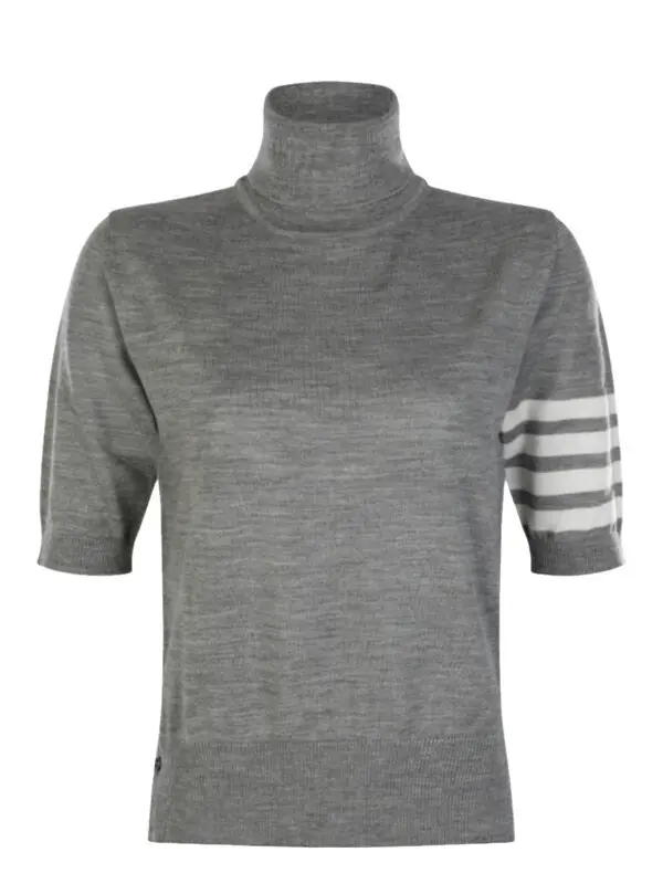 Thom Browne Short Sleeve Roll Neck Knitted Jumper With Side Stripe Detail - Light Gray