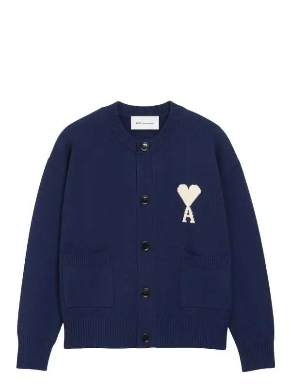 Ami Long Sleeve Buttoned Cardigan With De Coeur Intarsia - Inky White/off-white