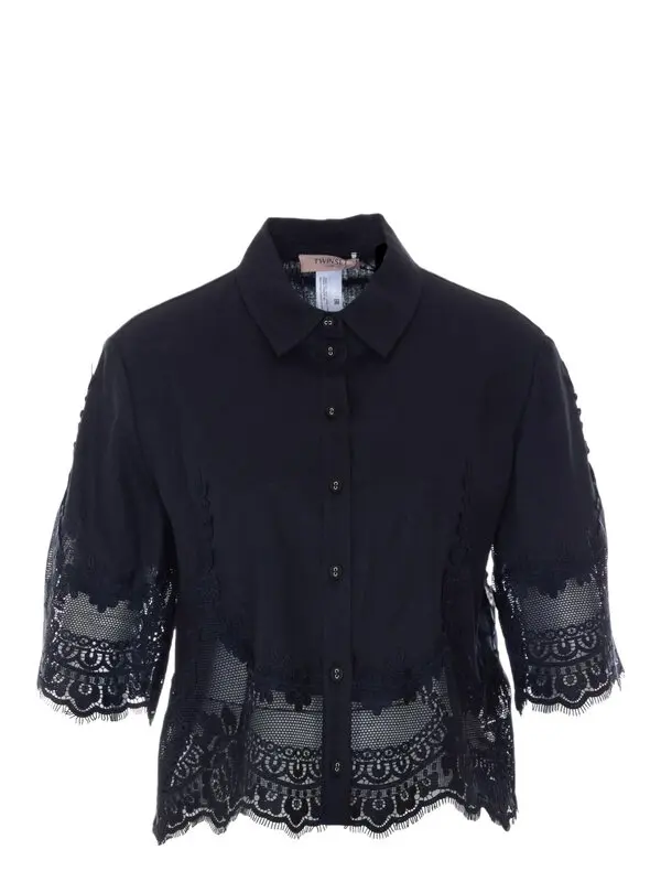 TWINSET Lace Trim Short Sleeve Top - Black