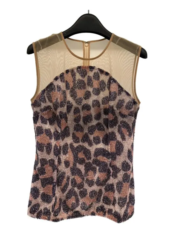 Just Cavalli Sleeveless Leopard Print Sequin Top With Sheer Yoke - Multicolor