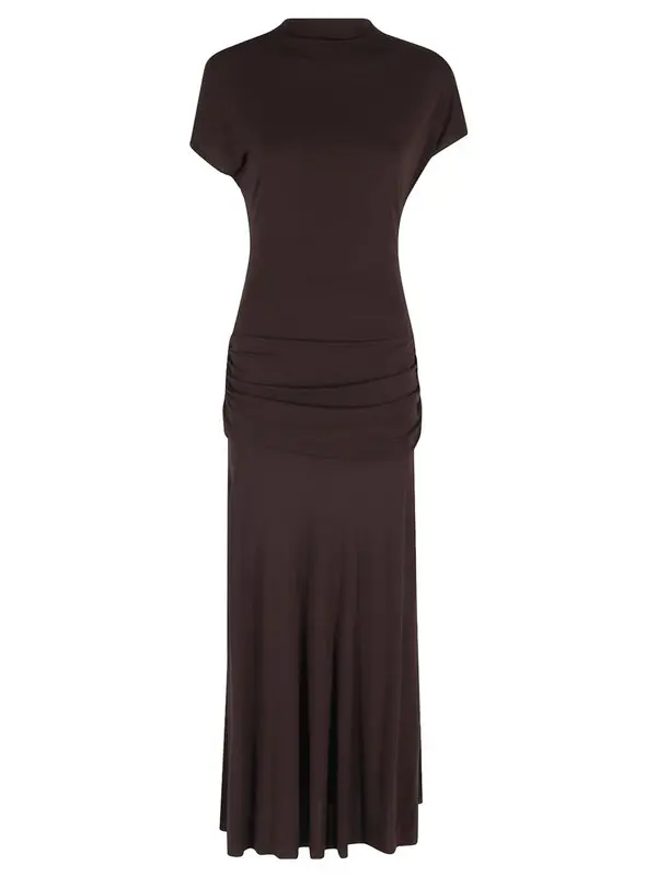 SEMICOUTURE High Neck Side Pleated Maxi Dress - Black