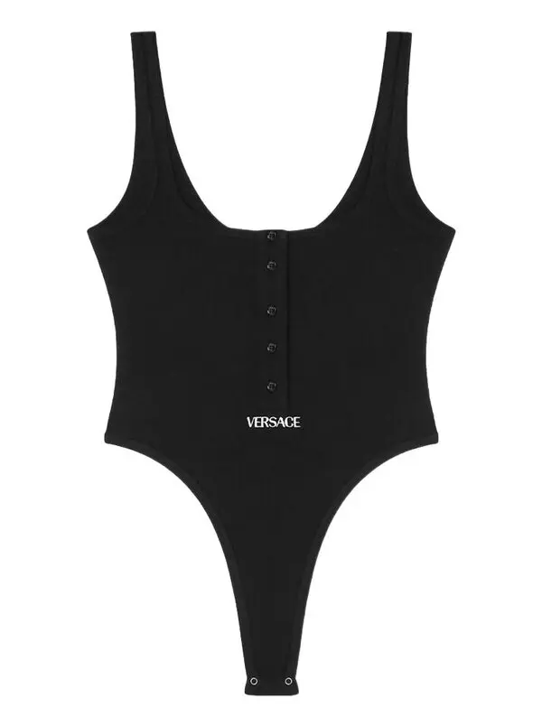 Versace Logo Embroidered Ribbed Bodysuit - Black