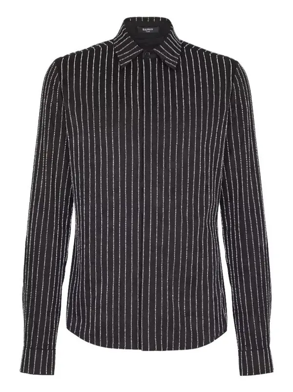 Balmain Cotton Shirt With Crystal Stripes - Black