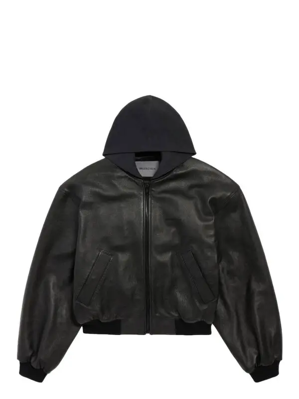 Balenciaga Patched Hooded Leather Jacket - Black