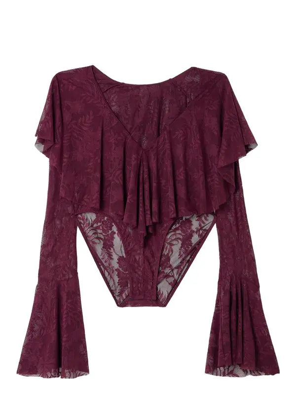 Norma Kamali Long Sleeve Deep V Ruffle Bodysuit - Plum