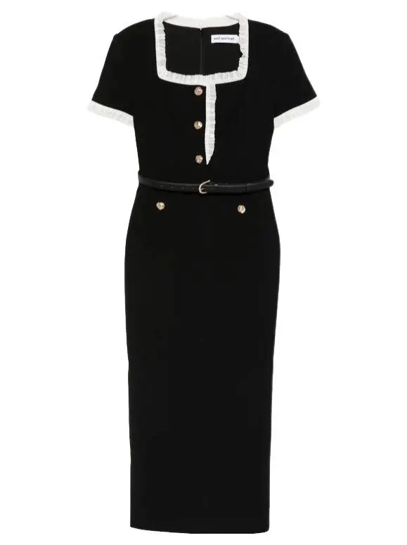 SELF-PORTRAIT Belted Midi Dress With Frill Trim - Black
