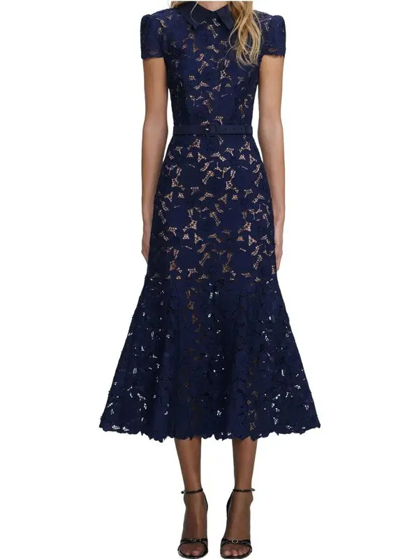 SELF-PORTRAIT Guipure Lace Midi Dress With Revere Collar - Navy Blue