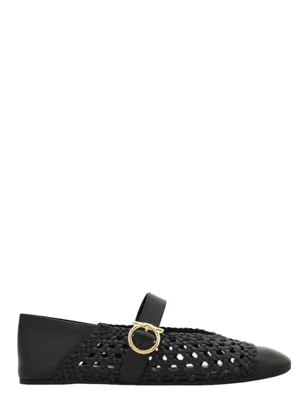 FERRAGAMO Gancini Buckle Woven Ballet Flat - Black