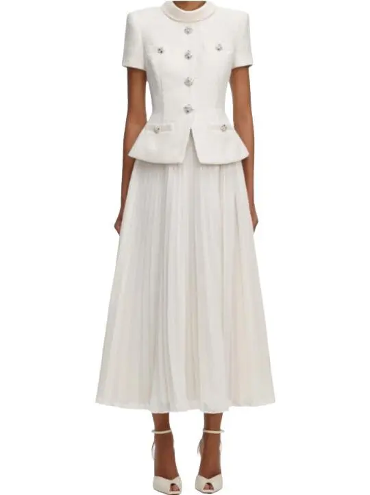 SELF-PORTRAIT Panelled Midi Dress With Diamanté Embellishment - Cream