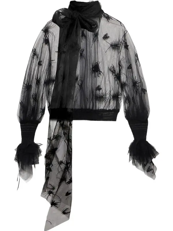 Blumarine Embroidered Tulle Blouse With Stole - Black