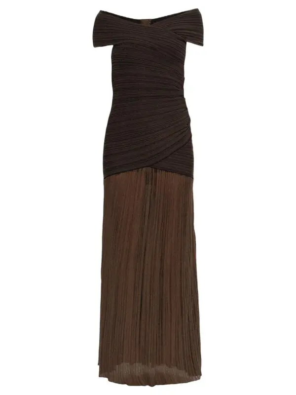 Balmain Off-shoulder Ribbed Maxi Dress - Brown