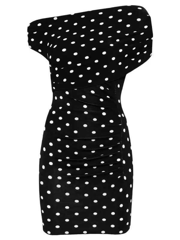 SELF-PORTRAIT Polka Dot Asymmetrical Neckline Ruched Mini Dress - No