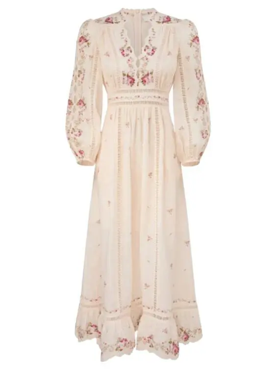 Zimmermann Patience Plunge Floral Midi Dress - Cream Pink Roses
