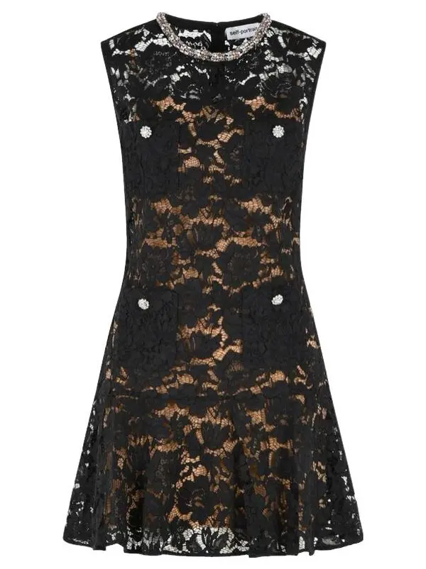 SELF-PORTRAIT Embellished-trim Lace Mini Dress - Black