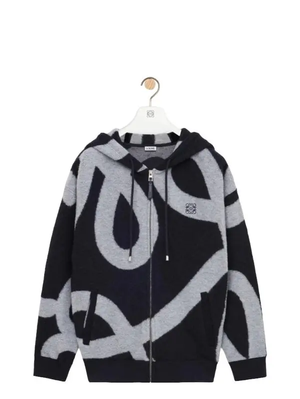 Loewe Zip-up Hoodie In Wool And Cotton - Navy Blue/gray