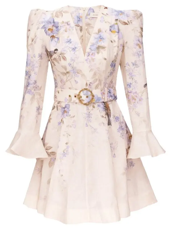 Zimmermann Luna Plunge Mini Dress With Printed Pattern And Belt - Blue Songbird
