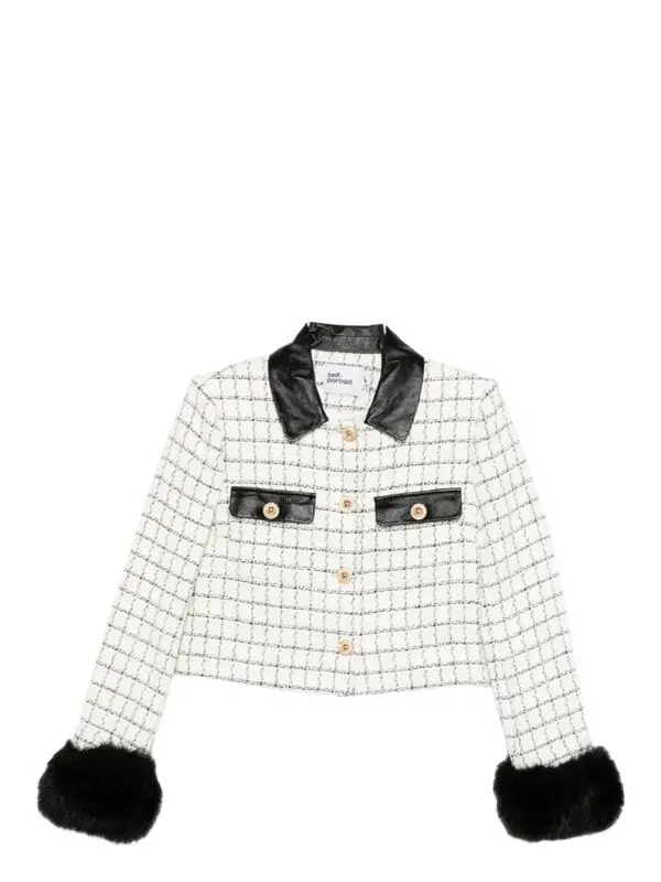 SELF-PORTRAIT Checked Faux Fur Cuff Jacket - Cream