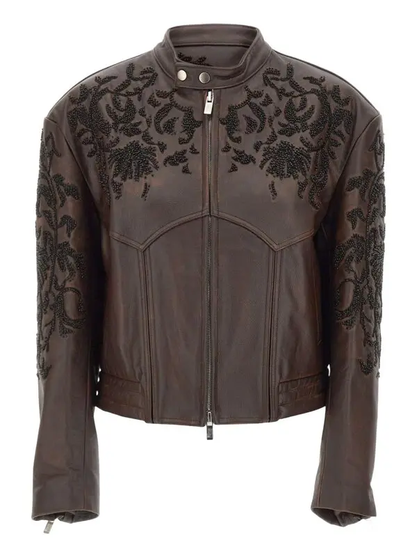 JACQUES WEI Embellished Leather Jacket - Dark Brown