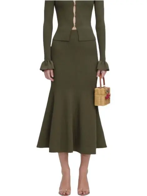 SELF-PORTRAIT Ribbed-knit Flared Midi Skirt - Khaki