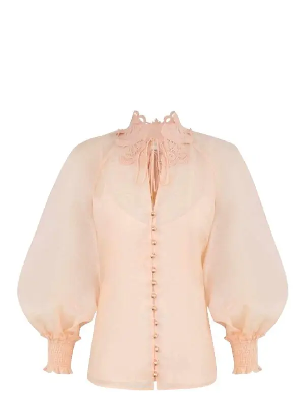 Zimmermann Rebellion Collared Blouse With Lace Trim And Billow Sleeves - Peach Color