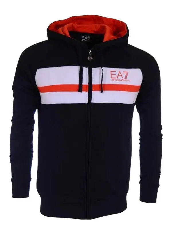 EA7 Logo Print Zip-up Hooded Jacket - Black