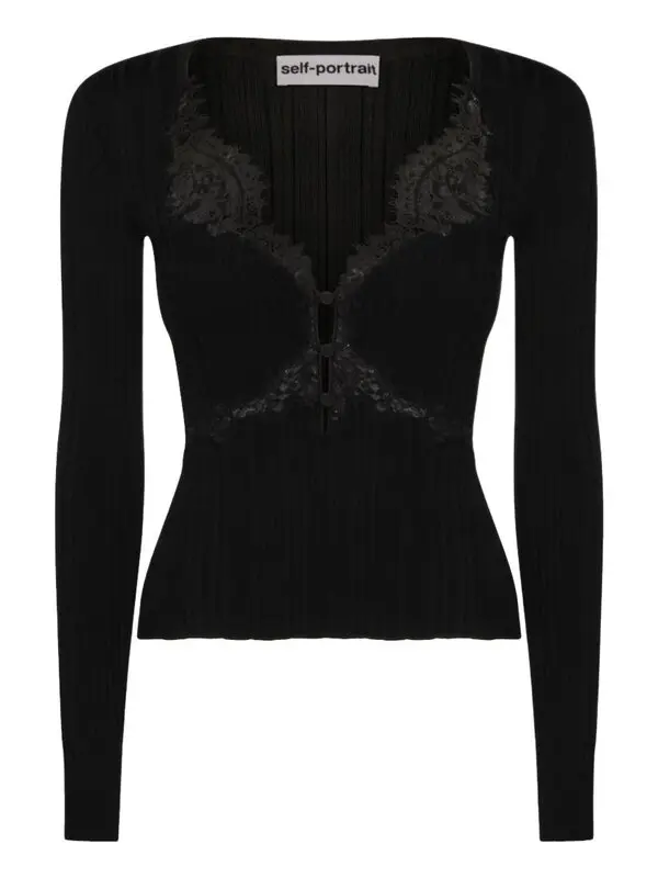 SELF-PORTRAIT Lace Trim Plunge Knit Top - Black