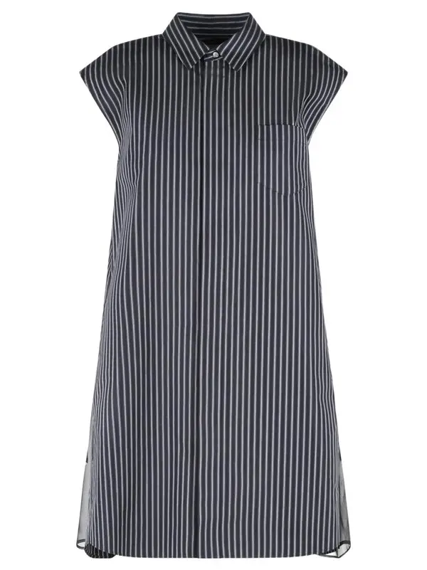 Sacai Striped Pleated Shirt Dress - Navy
