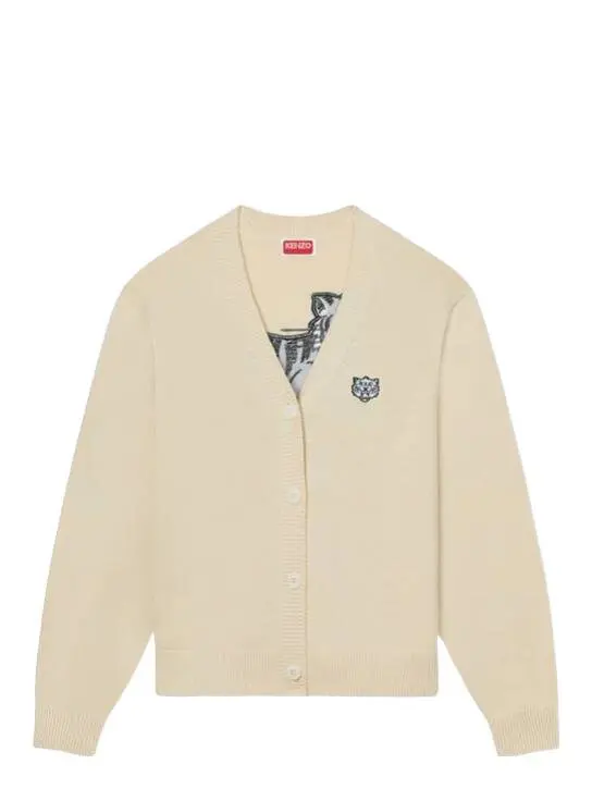Kenzo Happy Tiger Embroidered Wool Cotton Cardigan - Off White