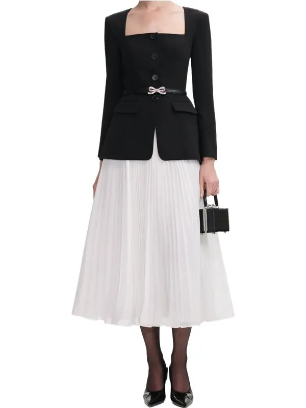 SELF-PORTRAIT Pleated Panel Bow Detail Midi Dress - Black