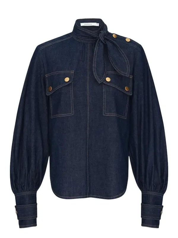 Zimmermann Long Sleeve Shirt With High Collar And Contrasting Stitching - Harbour Blue