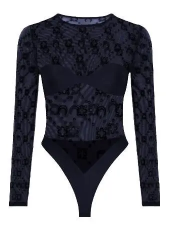 MARINE SERRE Monogram Mesh Flocked Bodysuit Top - Black