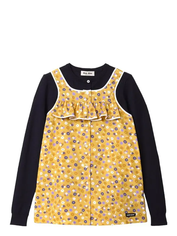 Miu Miu Floral Patterned Poplin And Wool Knit Top - Yellow/purple