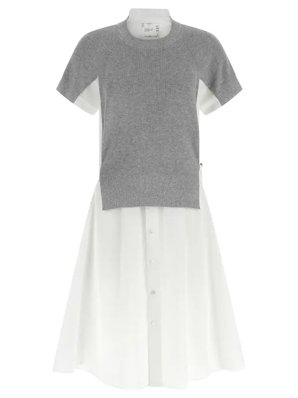 Sacai Panelled Crewneck Dress With Detachable Belt - White