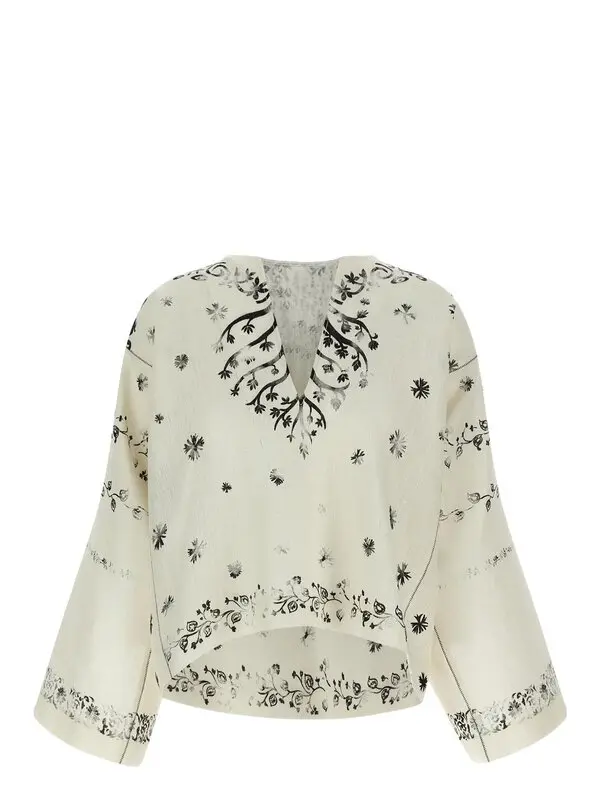 Alberta Ferretti Fortuny Printed V-neck Top - White