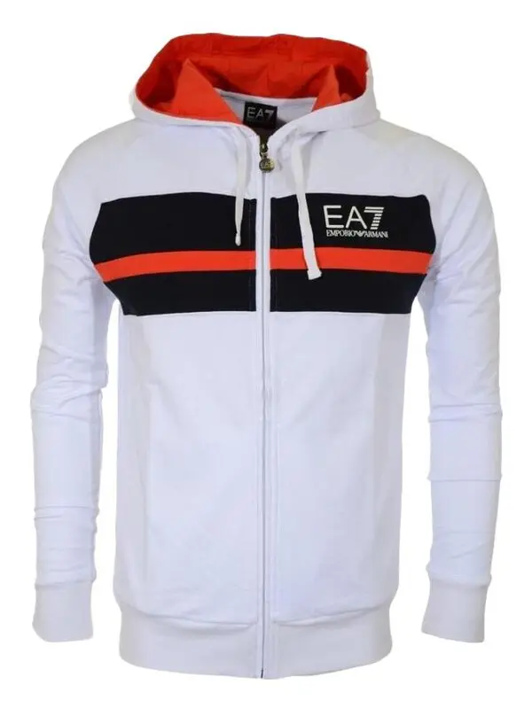 EA7 Logo Printed Zip-up Hooded Jacket - White