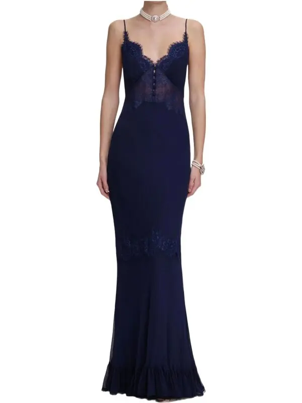 SELF-PORTRAIT Lace Georgette Maxi Dress - Navy Blue