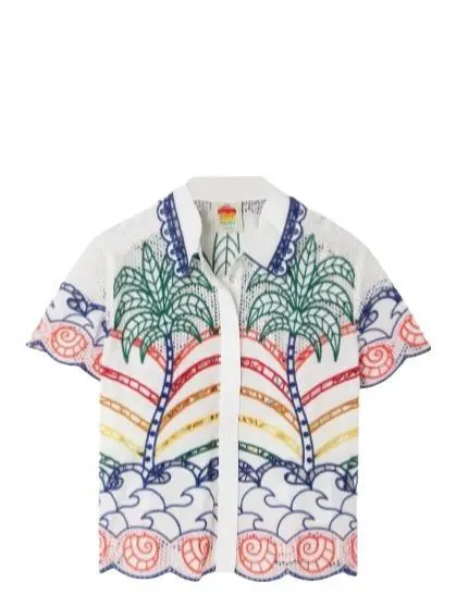 Farm Rio Scalloped Embroidered Shirt - White