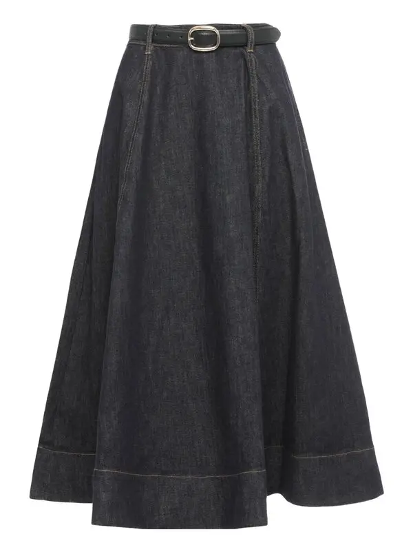SELF-PORTRAIT Denim Flared Midi Skirt - Black