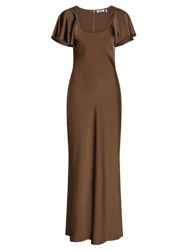 ROTATE BY BIRGER CHRISTENSEN Flutter-sleeve Satin Maxi Dress - Dark Brown