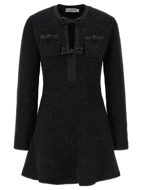 SELF-PORTRAIT Sequin Embellished Bow Knit Mini Dress - Black