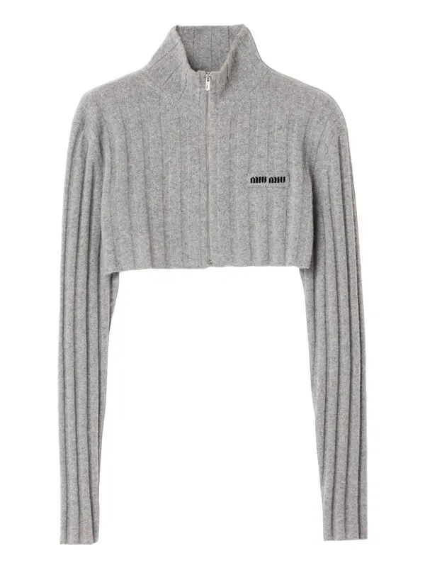 Miu Miu Cropped Wool And Cashmere Ribbed Zip-up Cardigan - Grey
