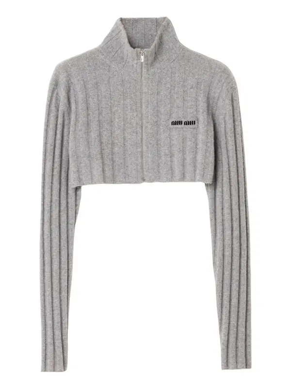 Miu Miu Cropped Wool And Cashmere Ribbed Zip-up Cardigan - Grey