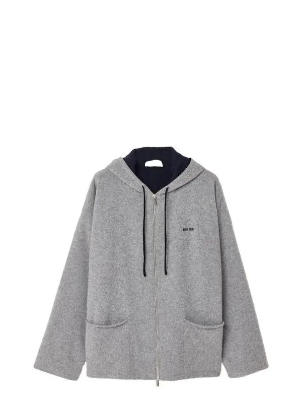 Miu Miu Zip-up Drawstring Knitted Hoodie - Grey  Blue