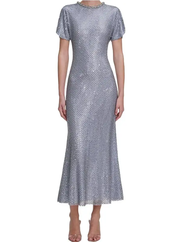 SELF-PORTRAIT Rhinestone Mesh Midi Dress - Blue